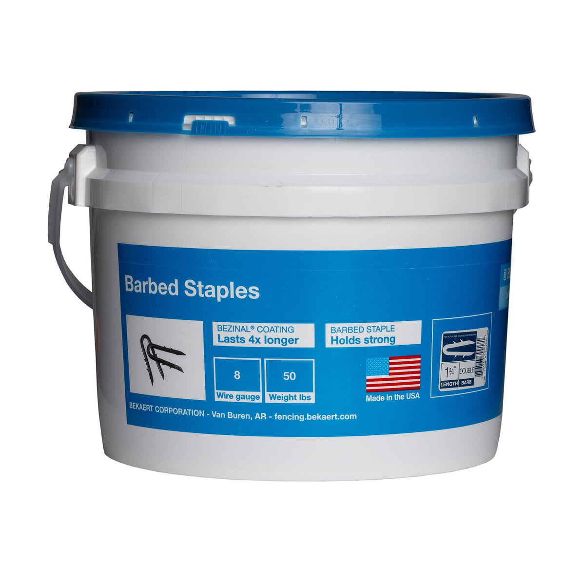Bekaert 1.75" 8 ga Double Barbed Staples, 50 lbs Bucket — Jeffers
