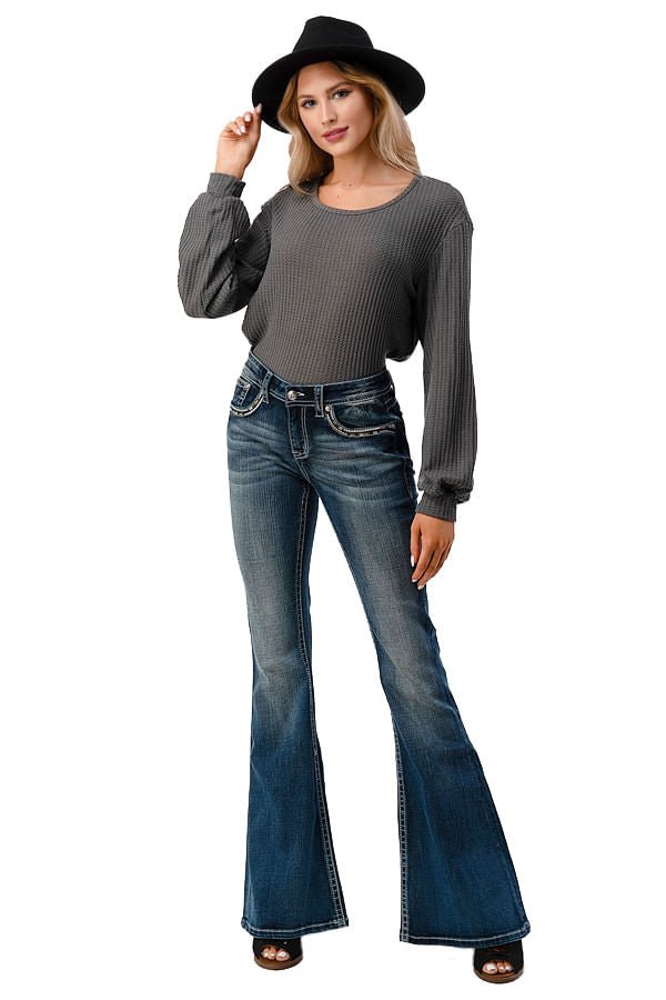 Grace in LA Aztec Embellished Mid Rise Flare Jeans, Sz 25-34 — Jeffers