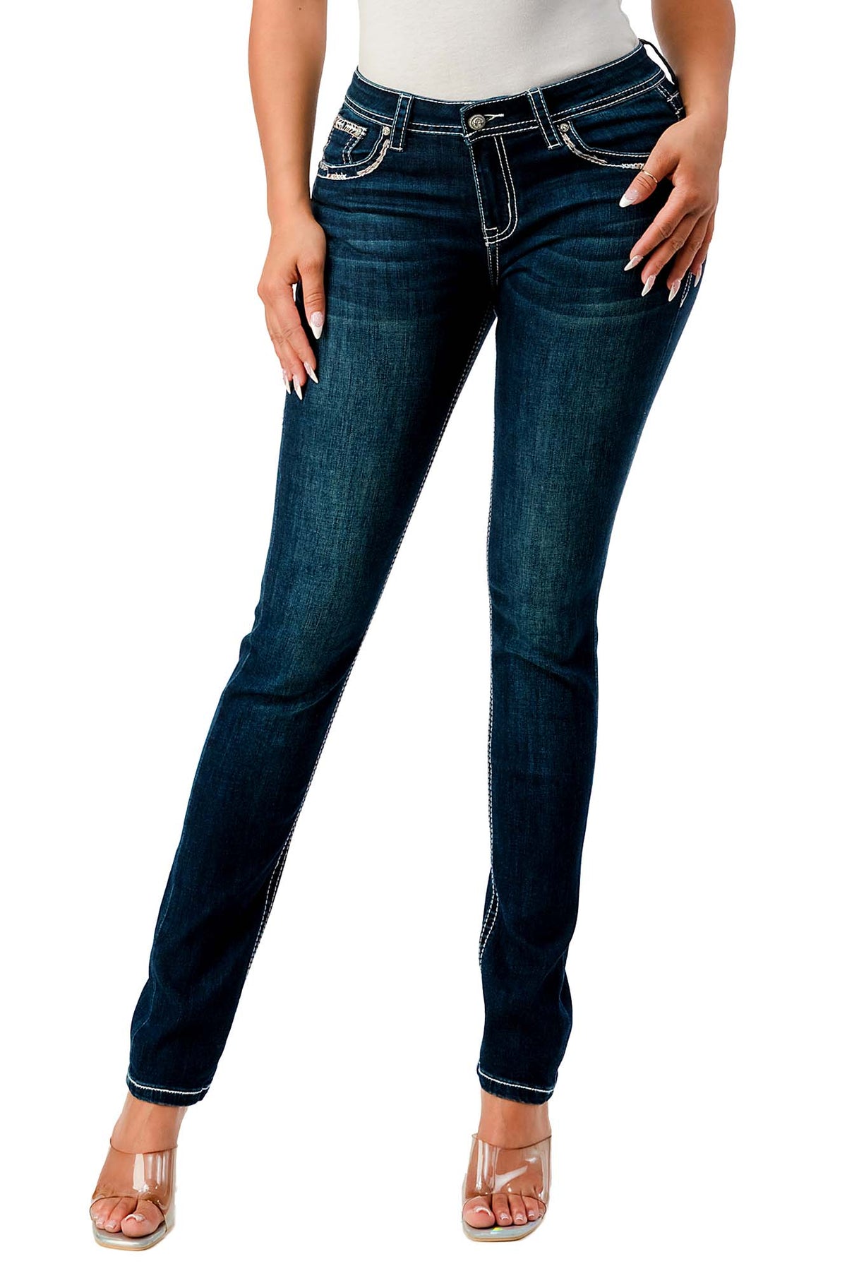 Grace in LA Steer Head Embellished Mid Rise Skinny Jeans, 25-34 — Jeffers
