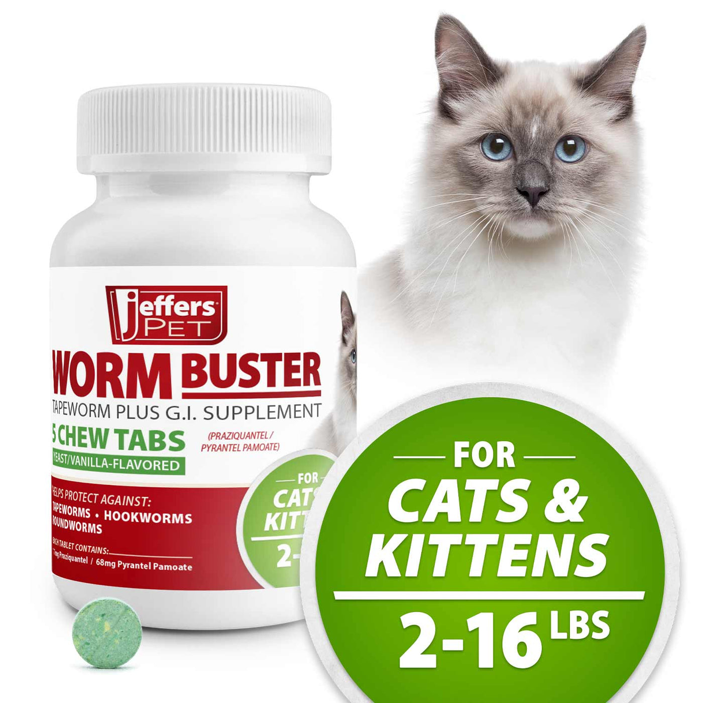 Jeffers Worm Buster Cat Dewormer Flavored Tablets w/ Praziquantel ...
