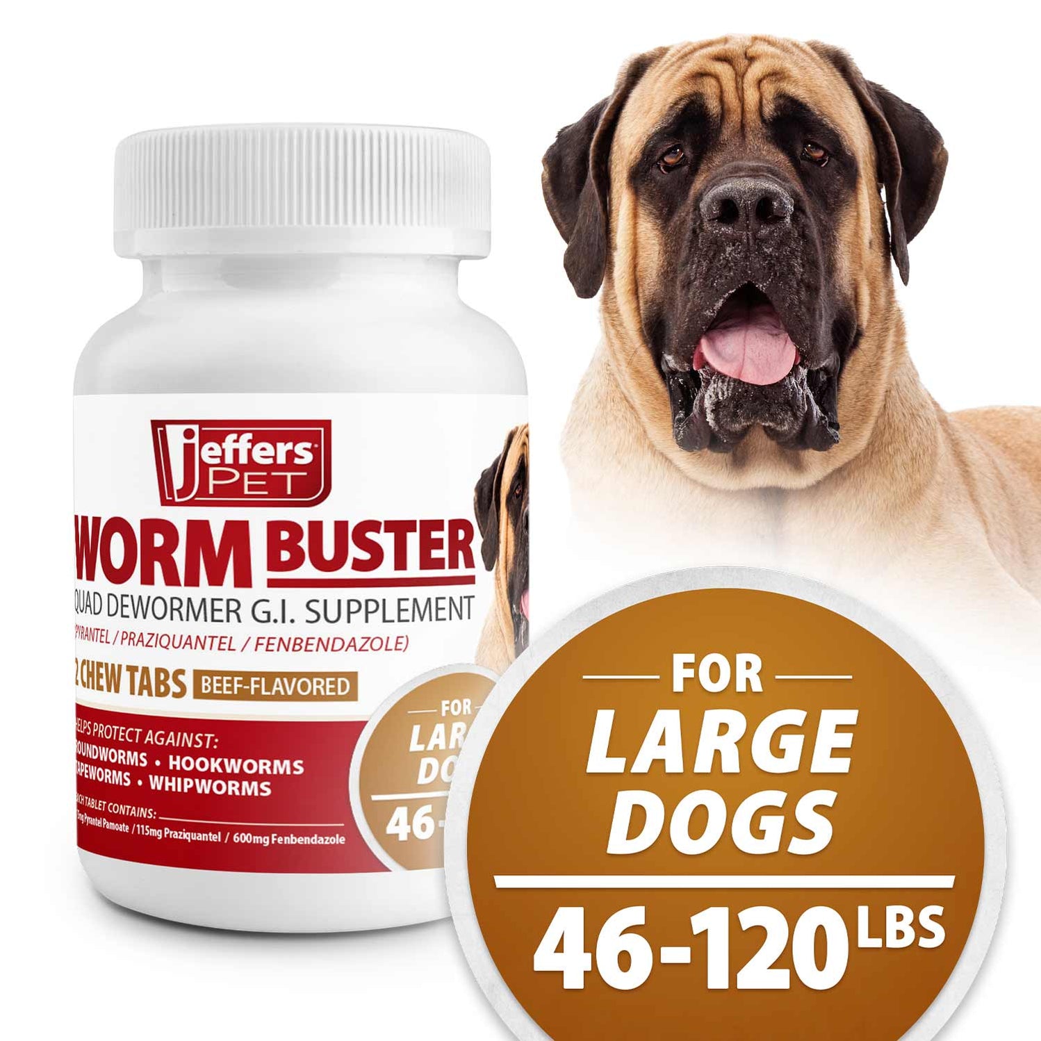 Jeffers Worm Buster Dog Dewormer Flavored Tablets, 12 count