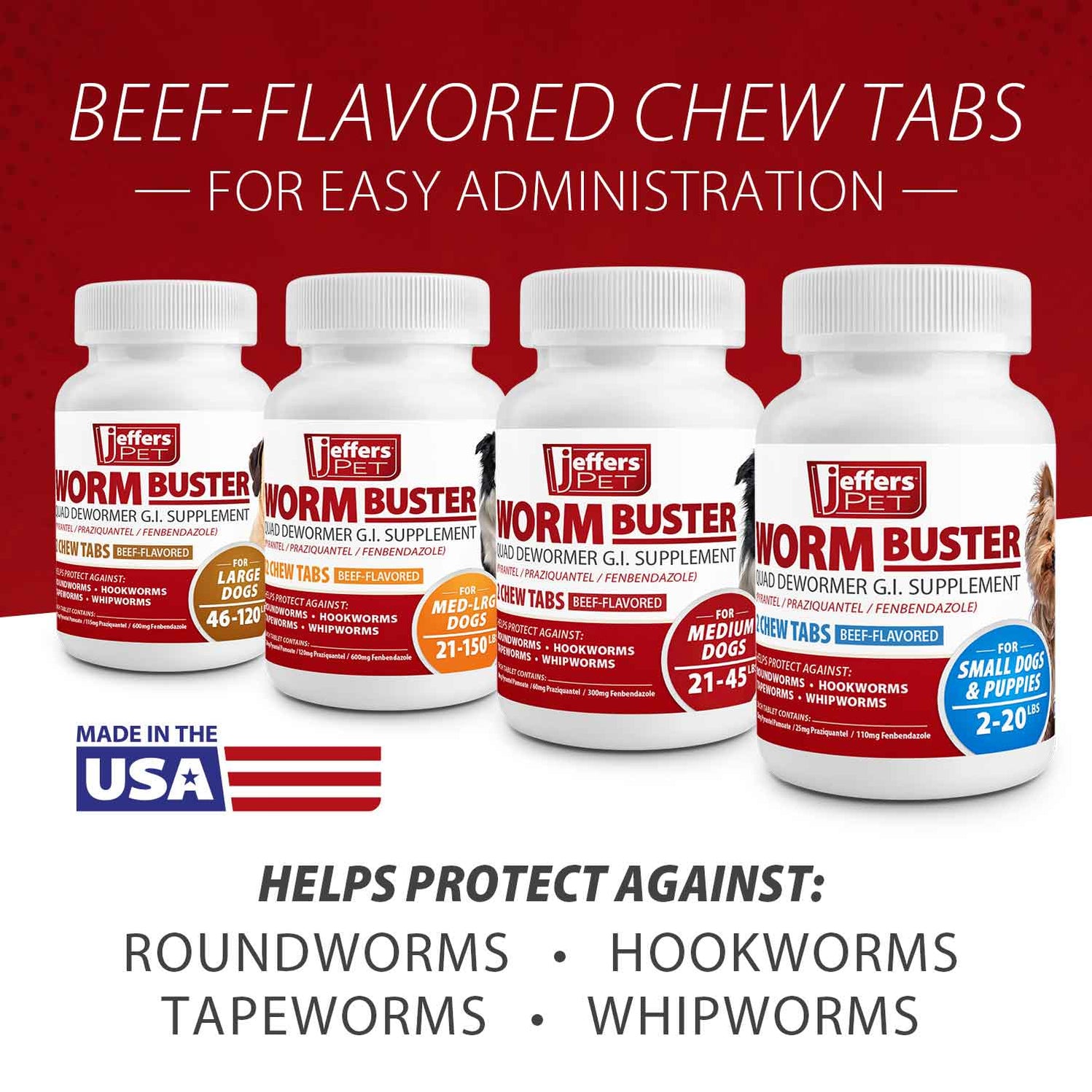 Jeffers Worm Buster Dog Dewormer Flavored Tablets, 12 count