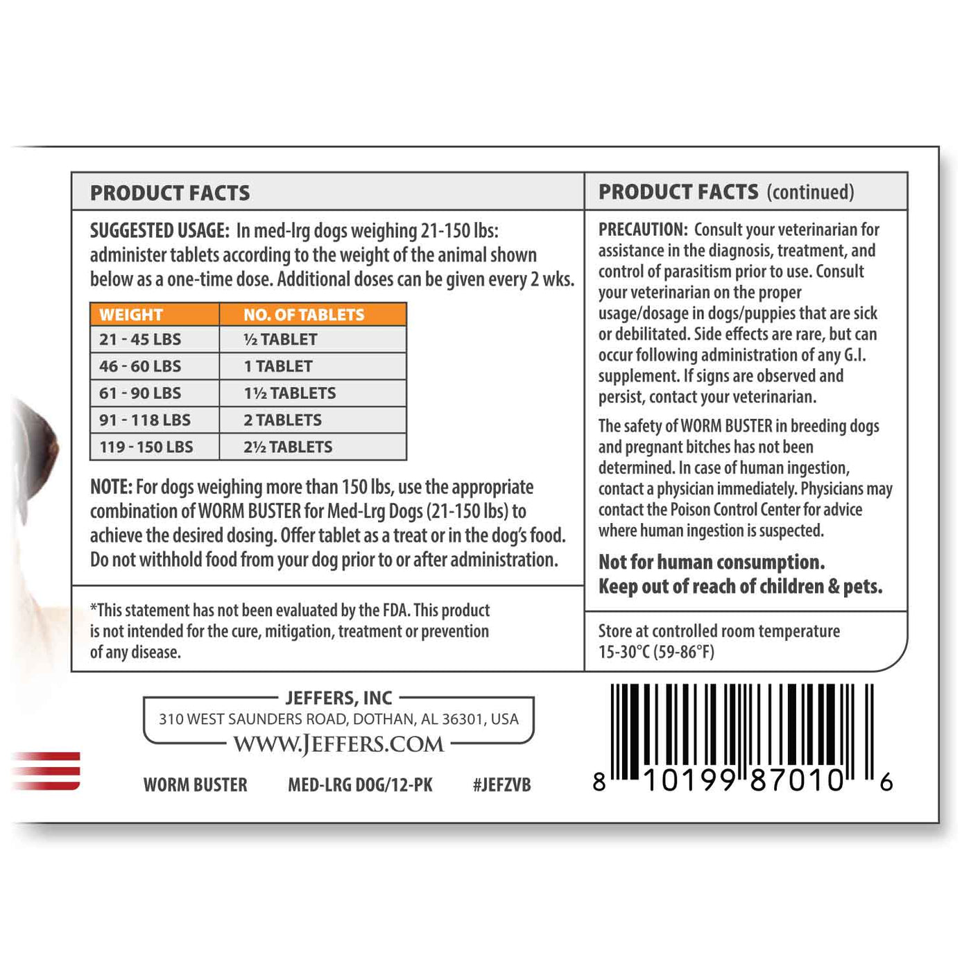 Jeffers Worm Buster Dog Dewormer Flavored Tablets, 12 count