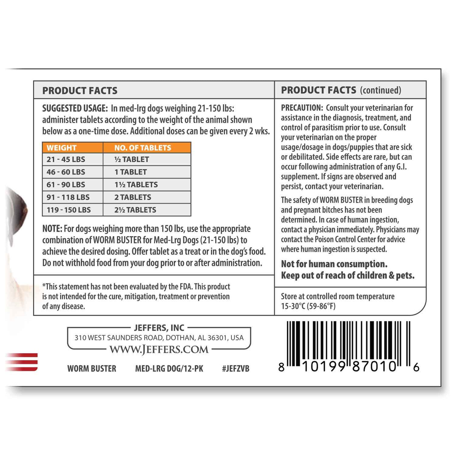 Jeffers Worm Buster Dog Dewormer Flavored Tablets, 12 count