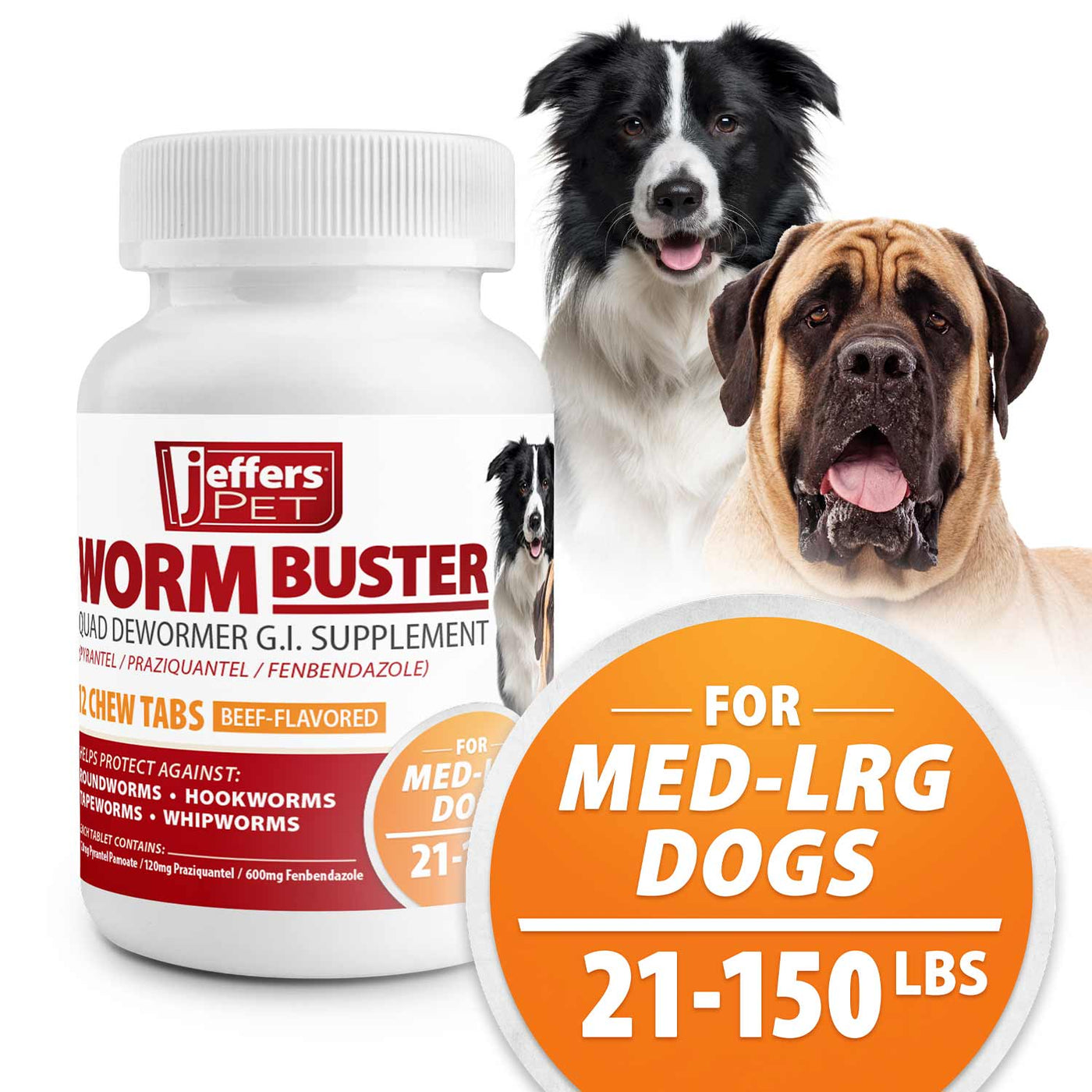 Jeffers Worm Buster Dog Dewormer Flavored Tablets, 12 count