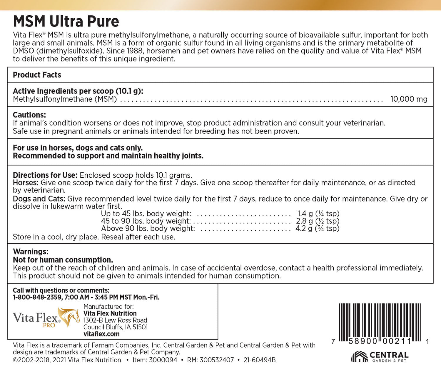 Vita Flex Pro MSM Ultra Pure Joint Support Powder Dog, Cat & Horse ...